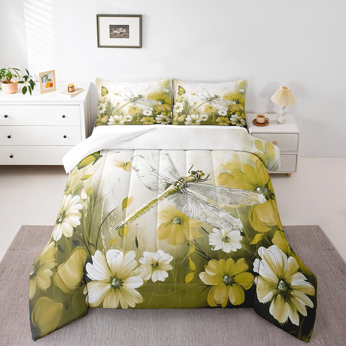 Dragonfly Comforter Set Daisy Flowers King Bedding Sets for Girls ...