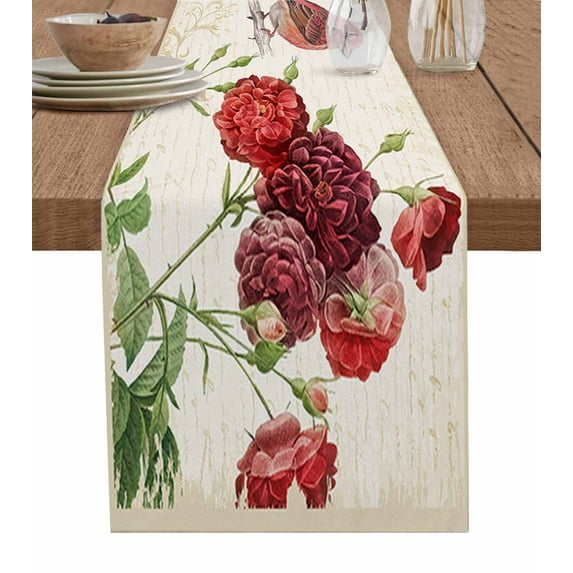 Dragonfly Crown Rose Flower Linen Table Runner Kitchen Table ration ...