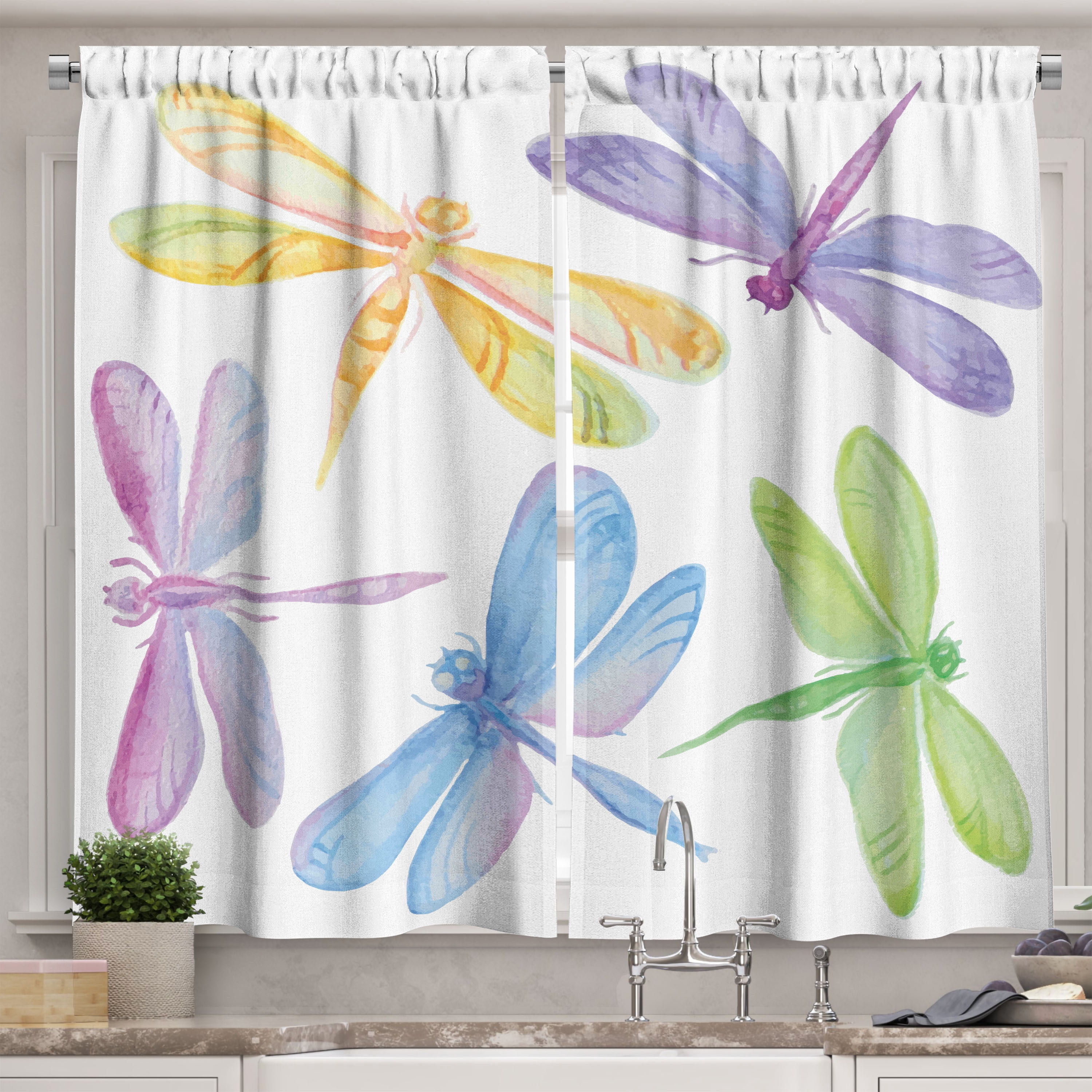 Ambesonne Dragonfly Kitchen Curtains, Watercolor Winged Bug, 55"x39 ...