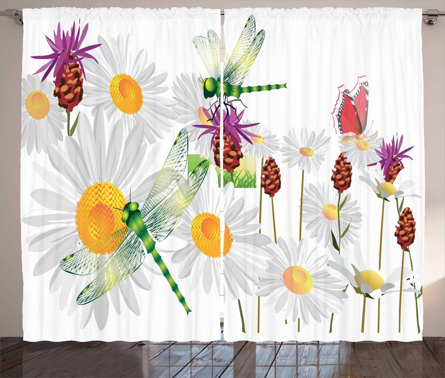 Ambesonne Dragonfly Curtains 2 Panel Set, Daisy Field Spring, 108" x 96 ...