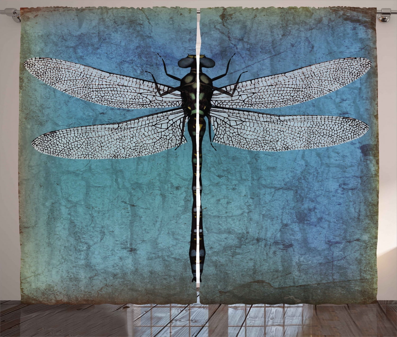 Ambesonne Grunge Curtains 2 Panel Set, Dragonfly Bug Turquoise, 108" x ...