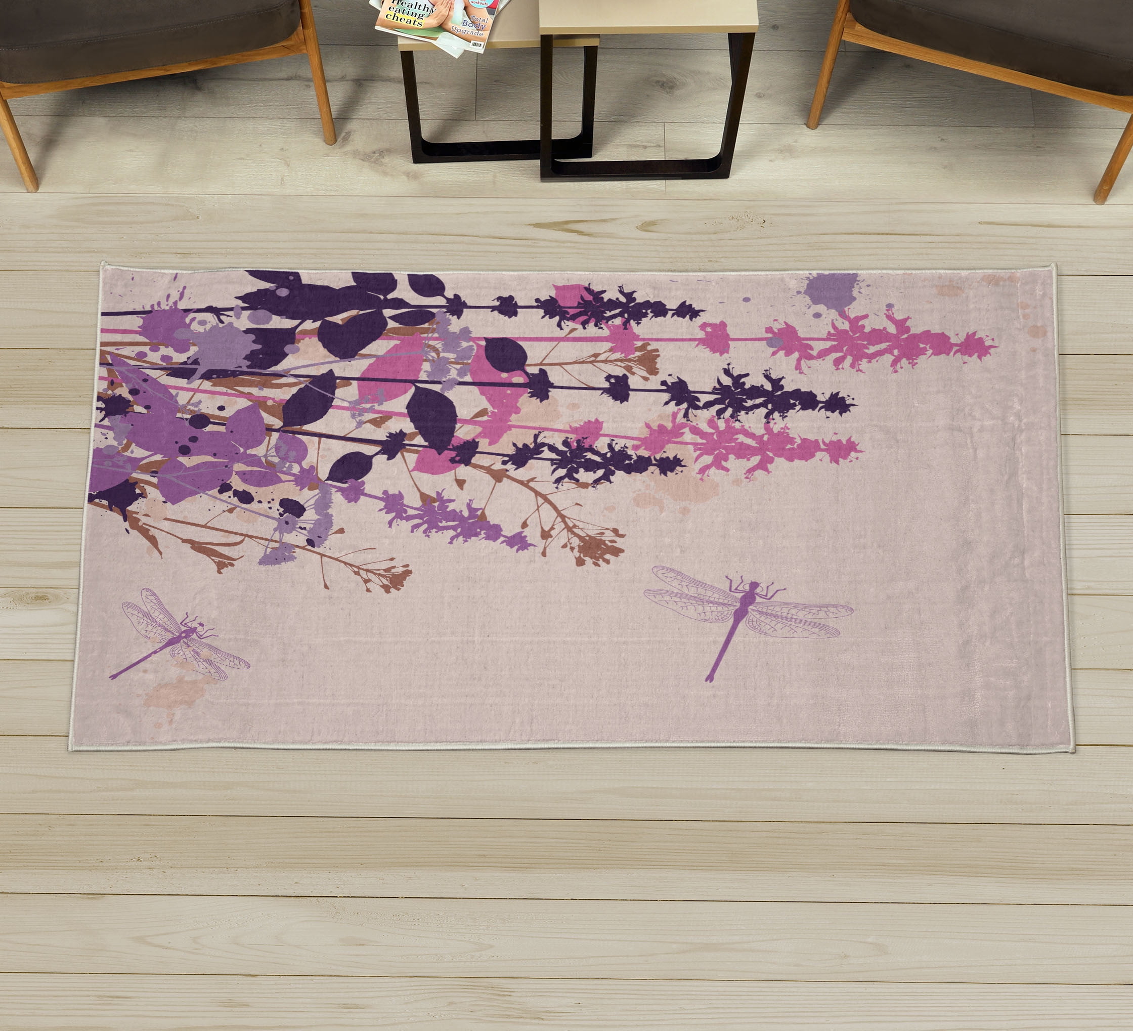 Dragonfly Decorative Rug, Nature Plants Grass with Wildflowers with ...