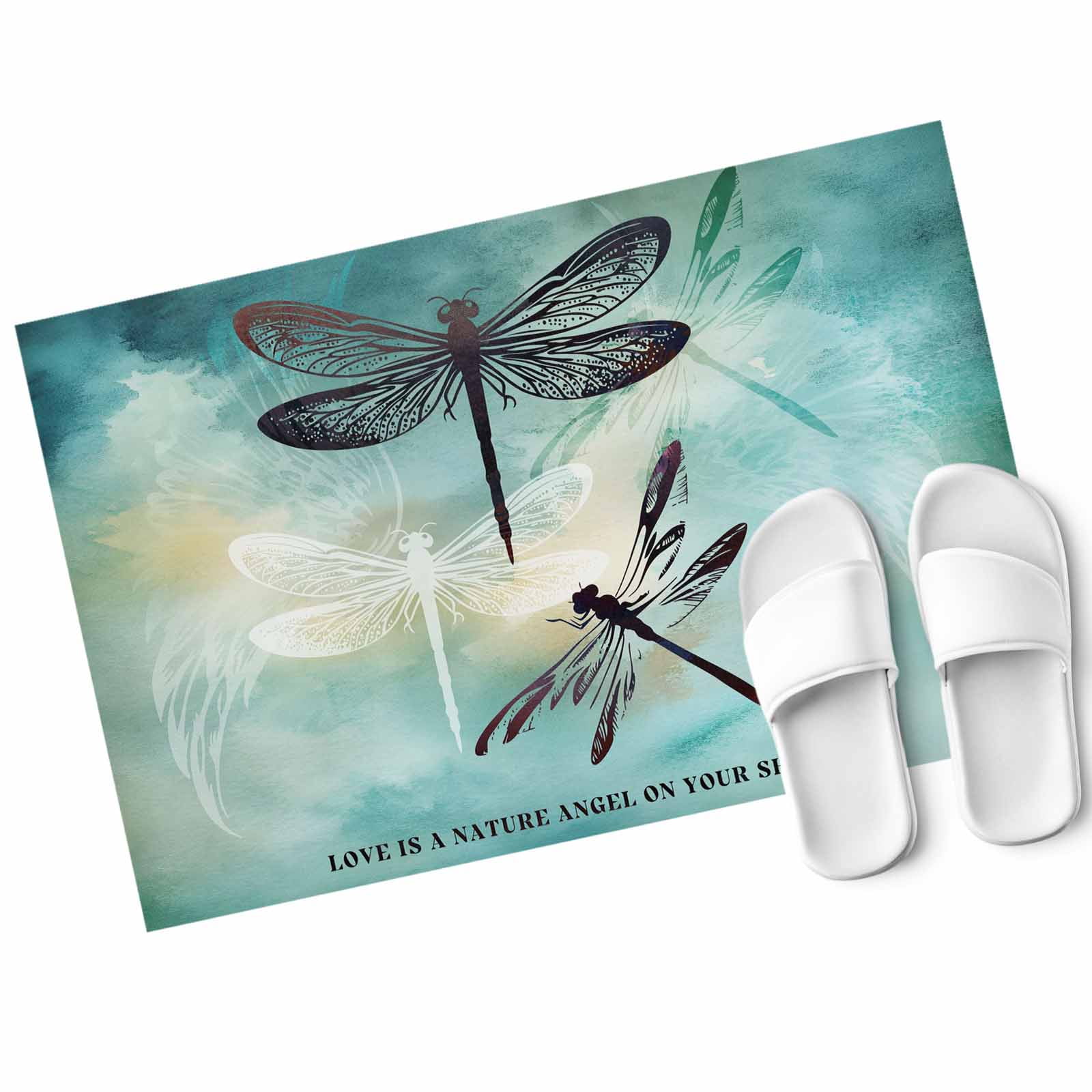 Dragonfly Door Mat Abstract Animal Teal Green Yellow Gradient Text Non ...