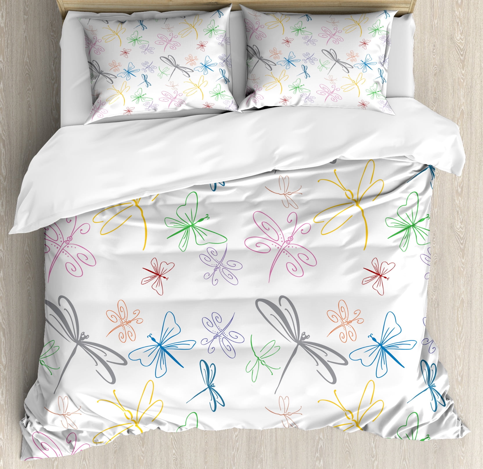 Dragonfly Duvet Cover Set, Hand Drawn Flying Bugs in Doodle Style ...