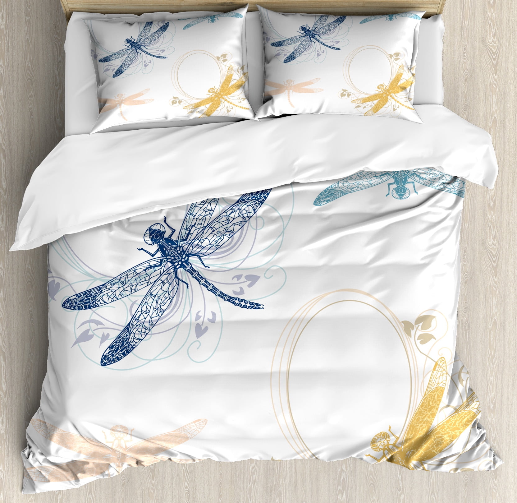 Dragonfly Duvet Cover Set King Size, Floral Spring Bugs Wings with ...