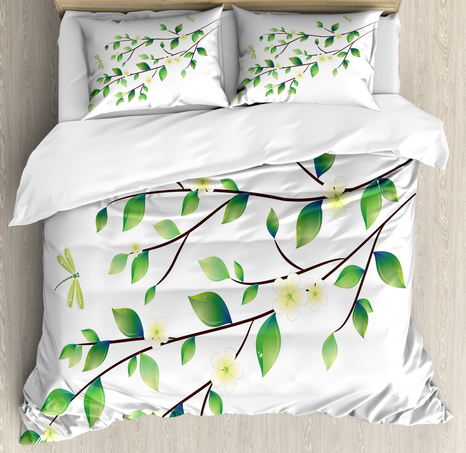 Dragonfly Duvet Cover Set, Leaves with Little Dragonflies and Jasmine ...
