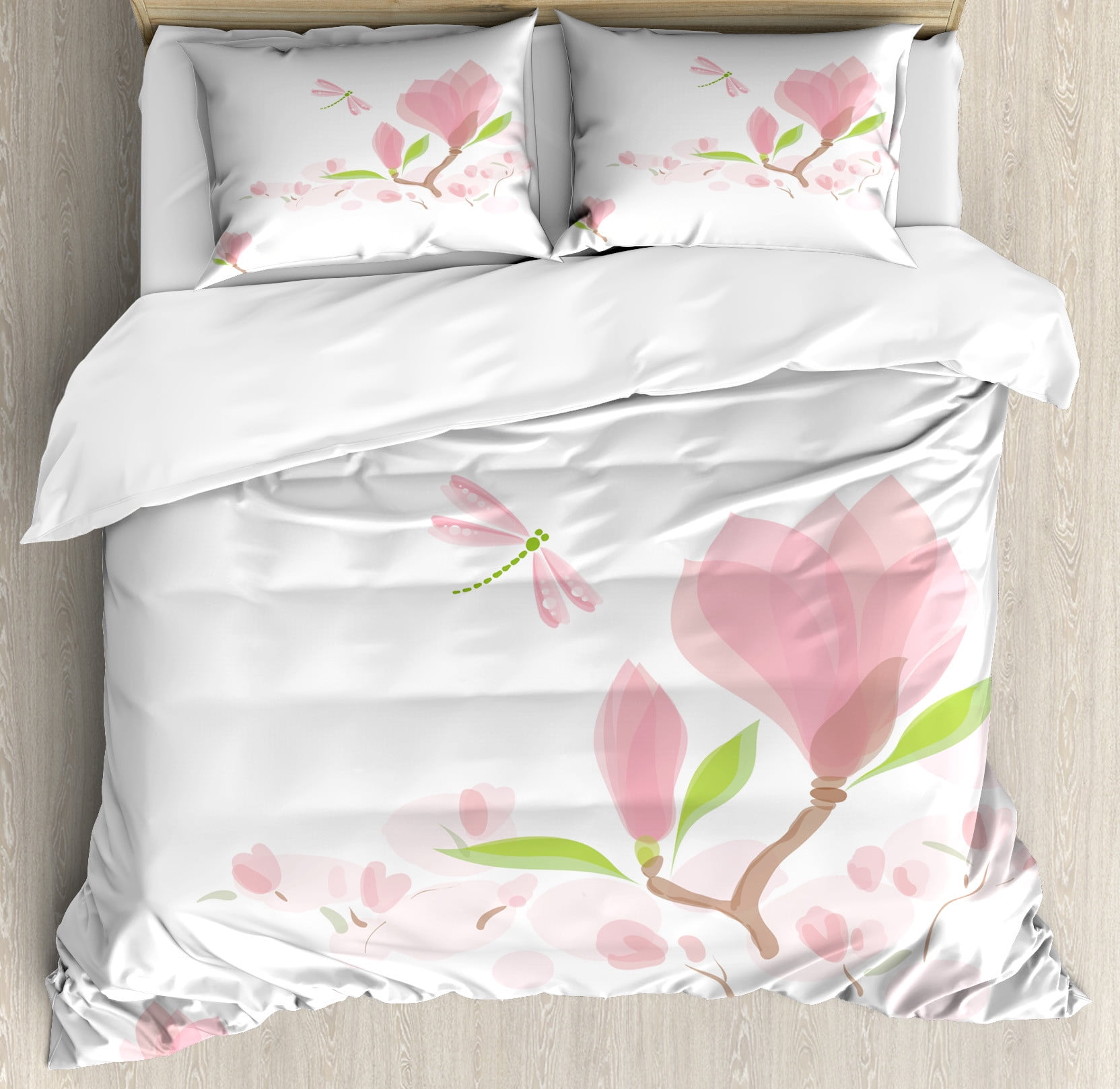 Dragonfly Duvet Cover Set, Magnolia Branches and Leaves in Soft Tones ...
