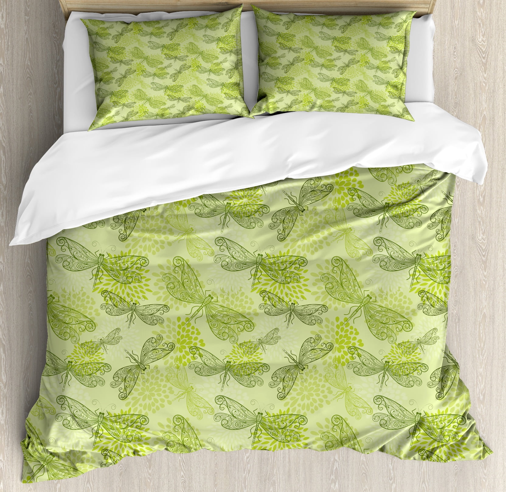 Dragonfly Duvet Cover Set, Sketchy Butterfly Like Bugs with Floral Ivy ...