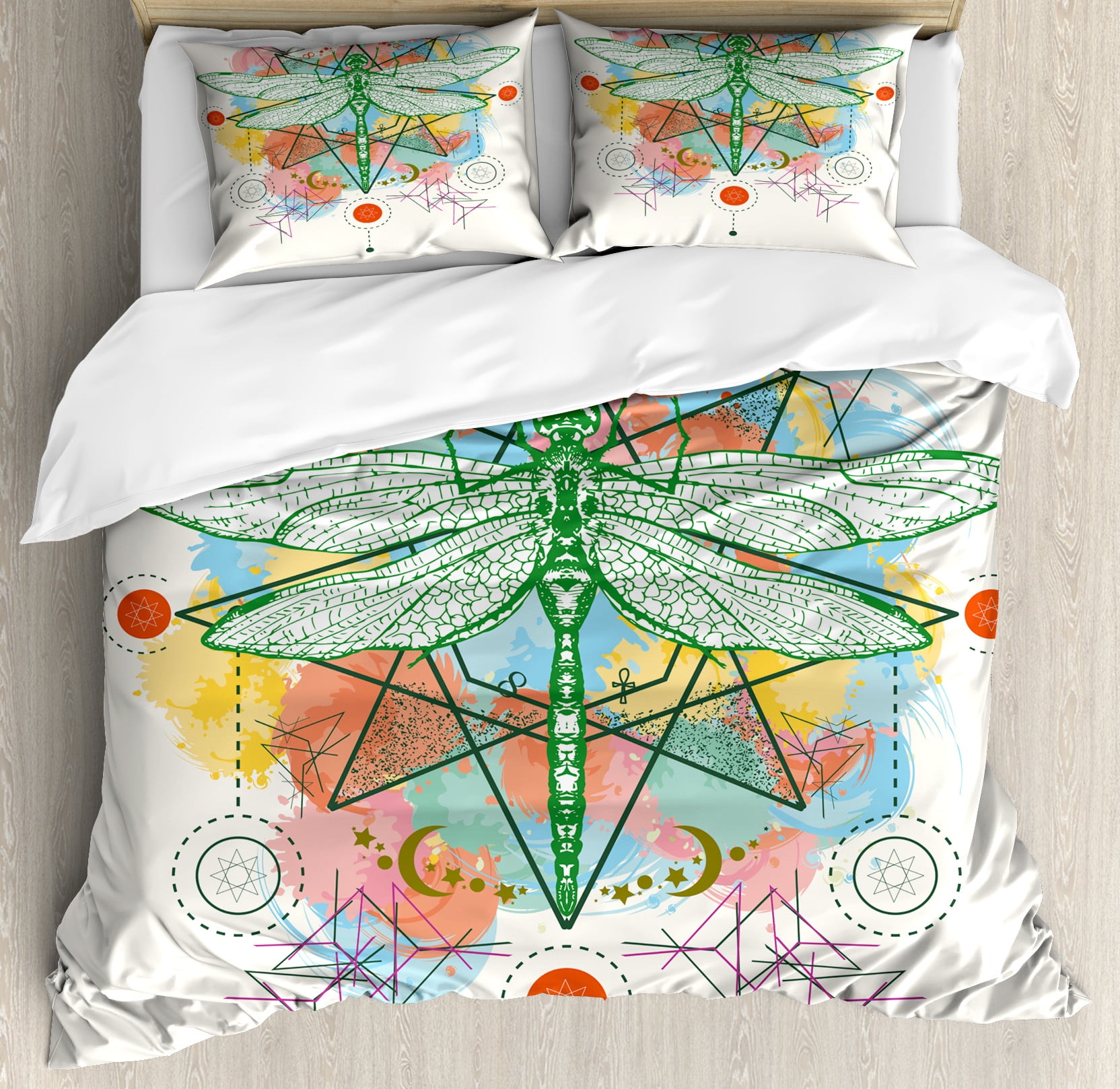 Dragonfly Duvet Cover Set, Tattoo Style Insect Alchemy Sacred Geometry ...