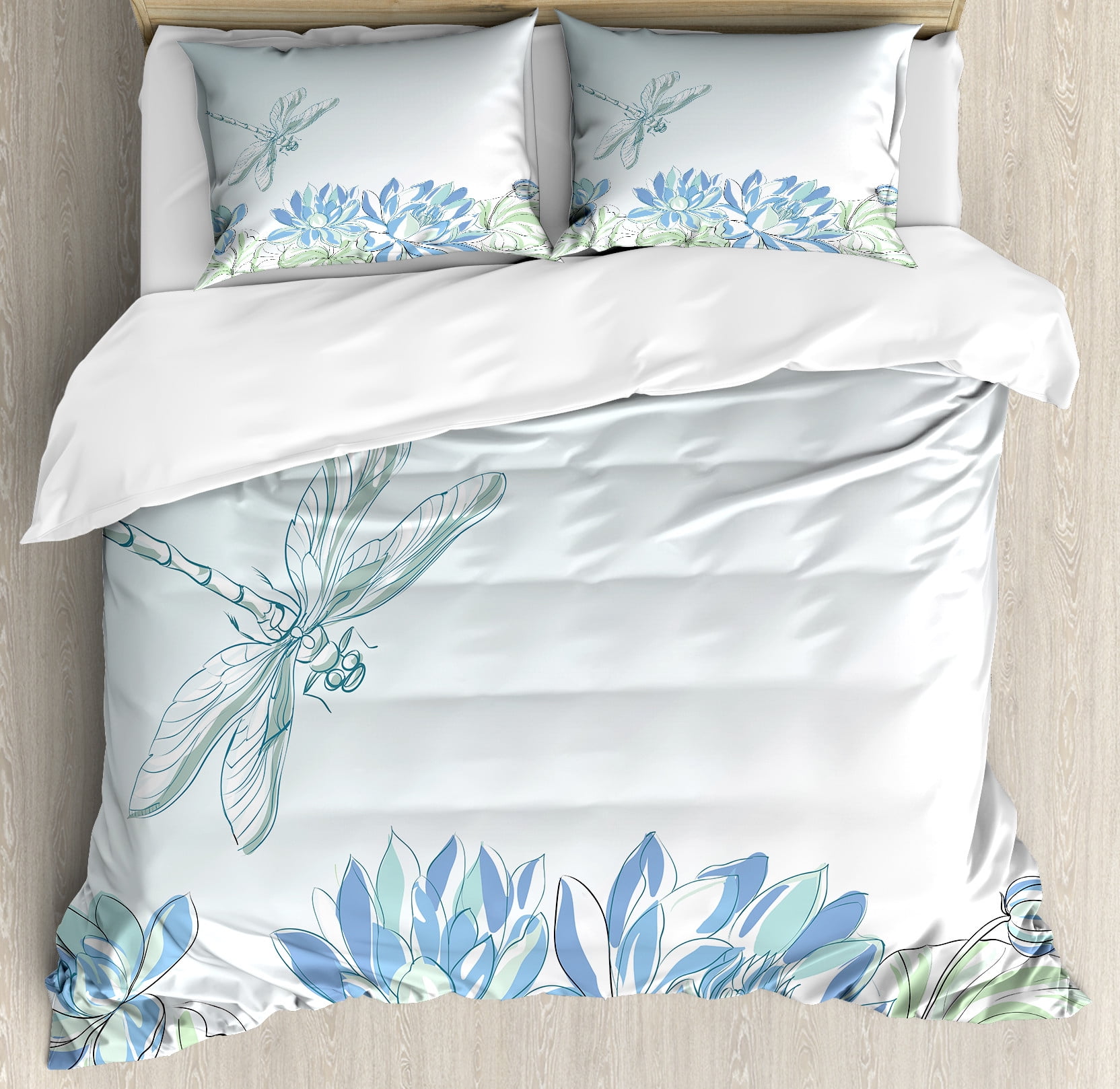 Dragonfly Duvet Cover Set, Waterlilies Flowers and Dragonflies ...