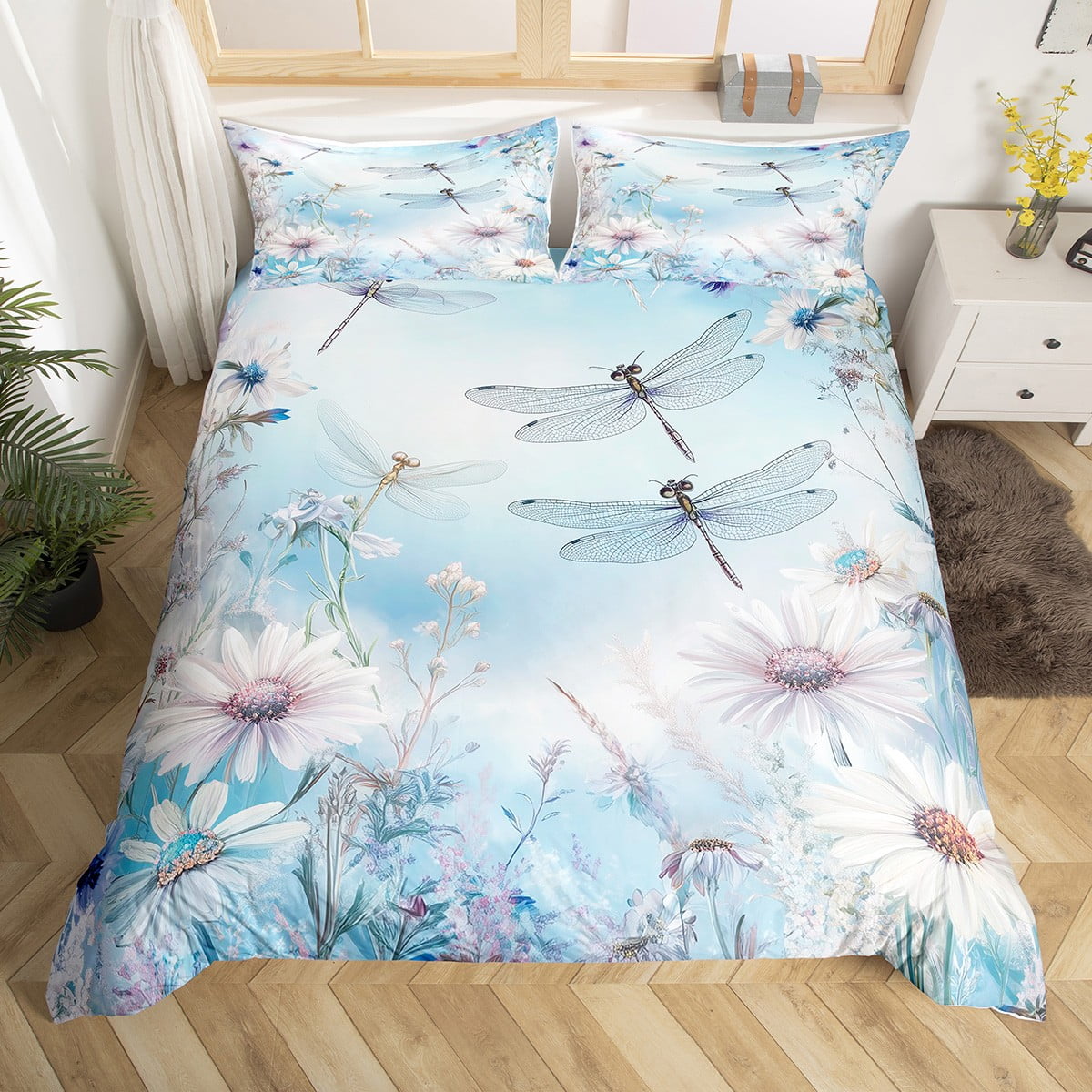 Dragonfly Duvet Cover Set White Flowers Bedding Set,Dreamy Dragonflies ...