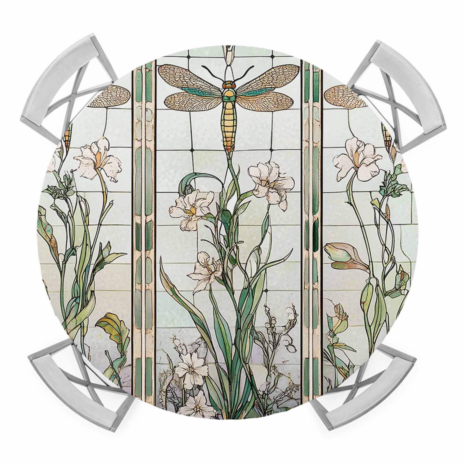 Dragonfly Elastic Fitted Round Table Cover Teal Leaves Floral ...