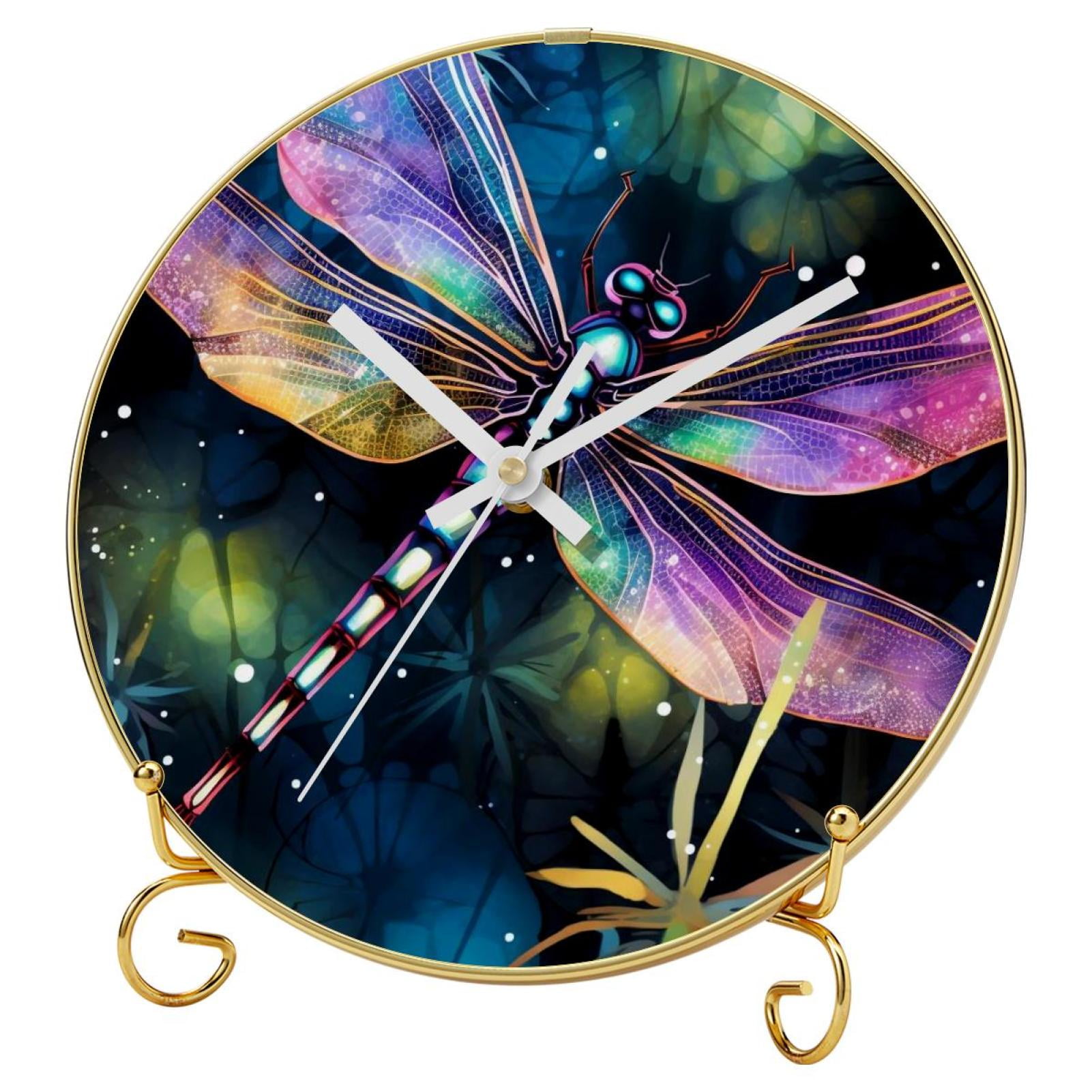 Dragonfly Elegant Round Wall Clock with Hooks and Gold Stand - Silent ...