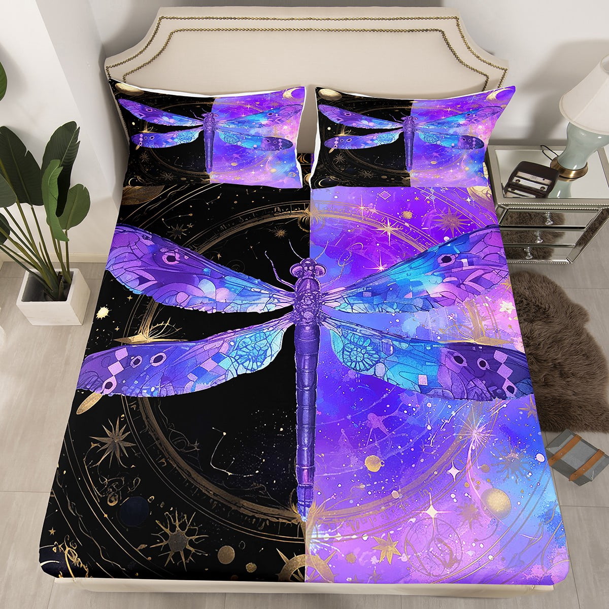 Dragonfly Fitted Sheet Purple Galaxy Sheets,Rustic Aesthetic Animal ...