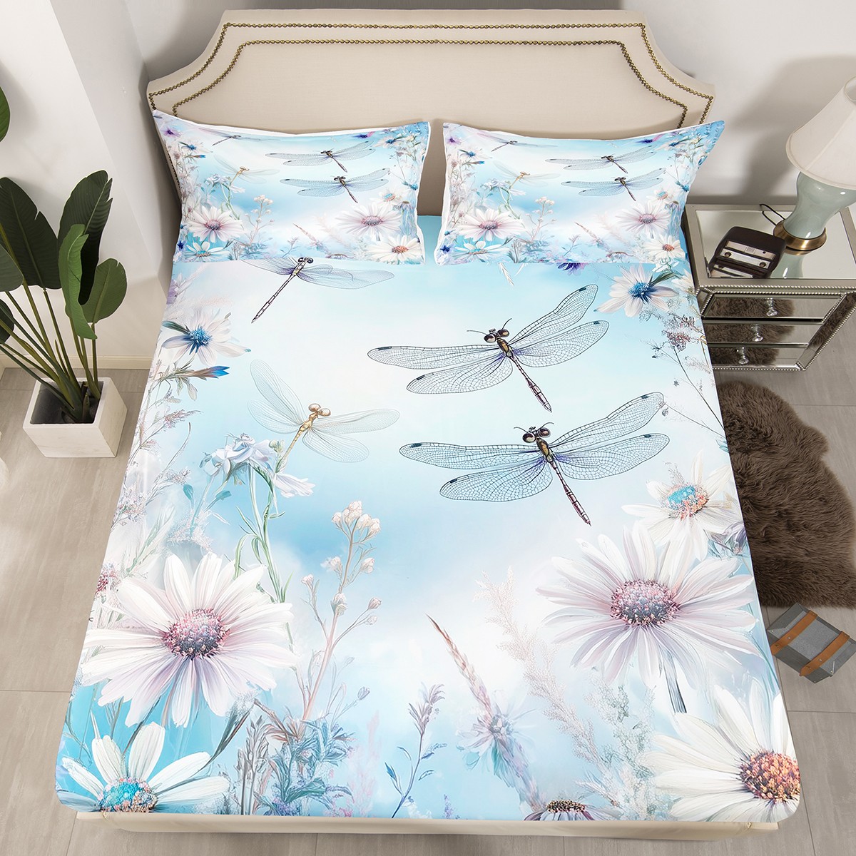 Dragonfly Fitted Sheet White Flowers Bed Sheets Twin,Dreamy Dragonflies ...