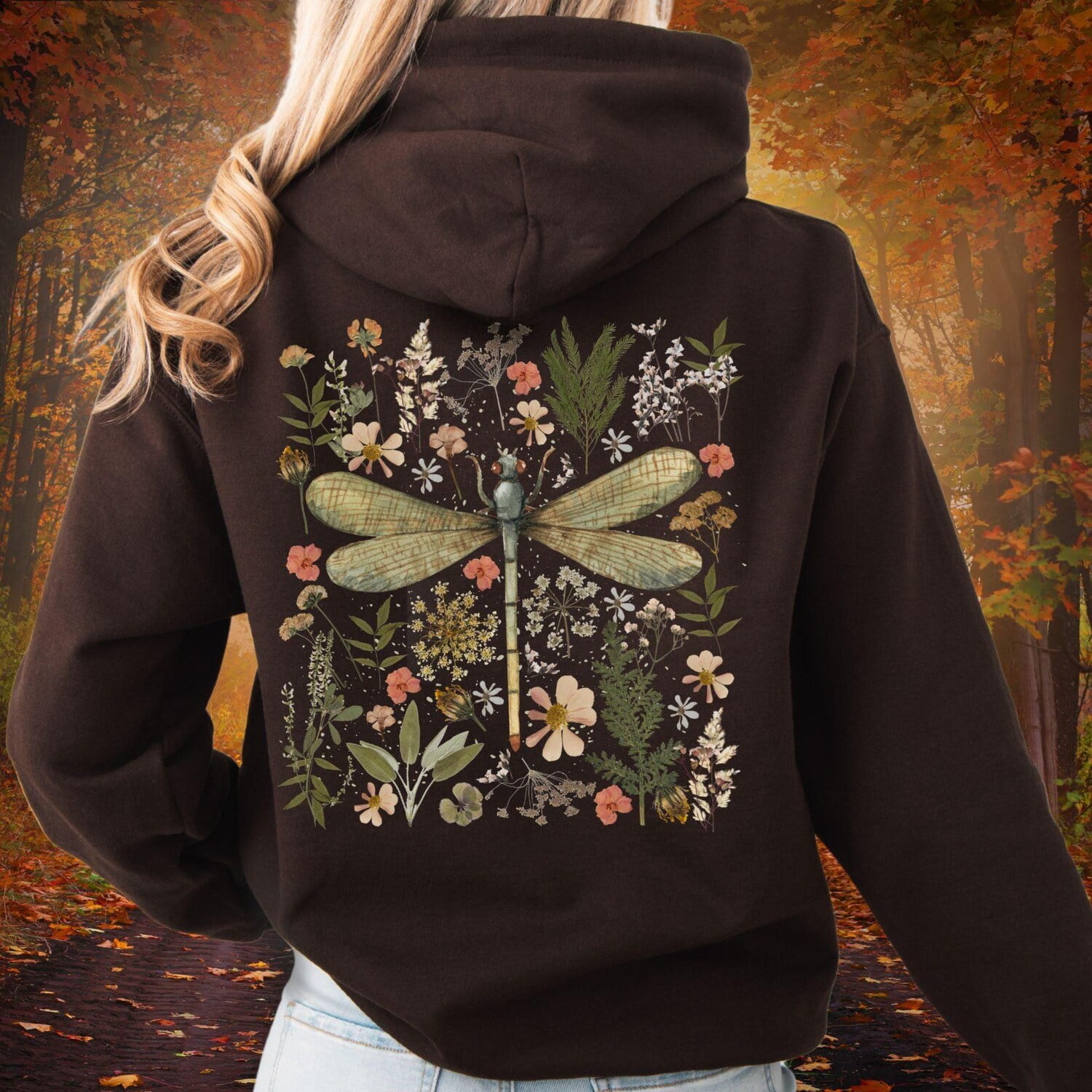 Dragonfly Floral Zip Hoodie, Goblincore Cottagecore Full Zip Hooded Sweatshirt, Garden Fairy ...