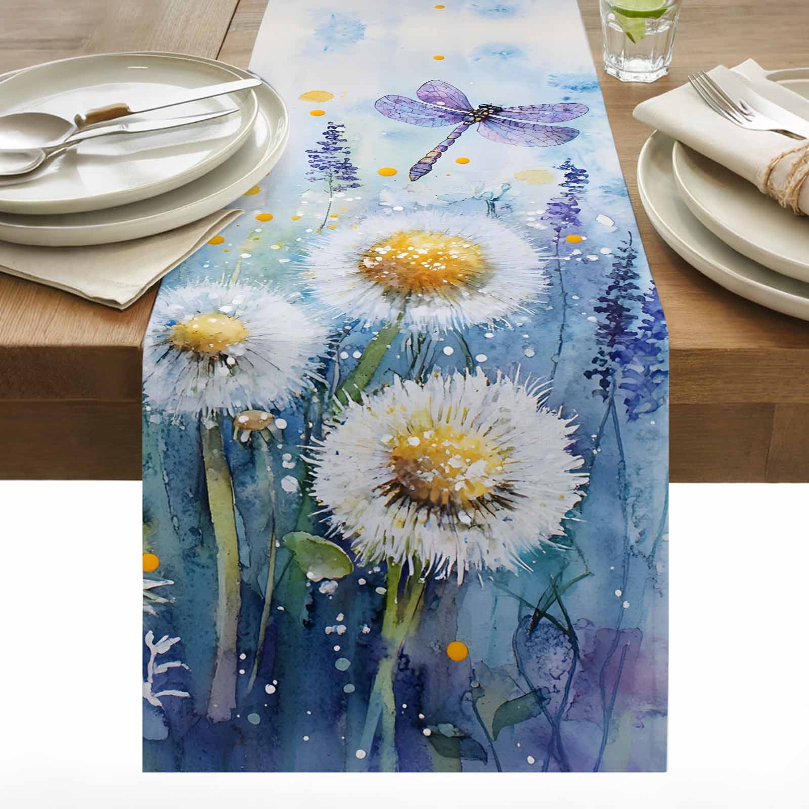 Dragonfly Flower Cotton Linen Table Runner Spring Watercolor Purple ...
