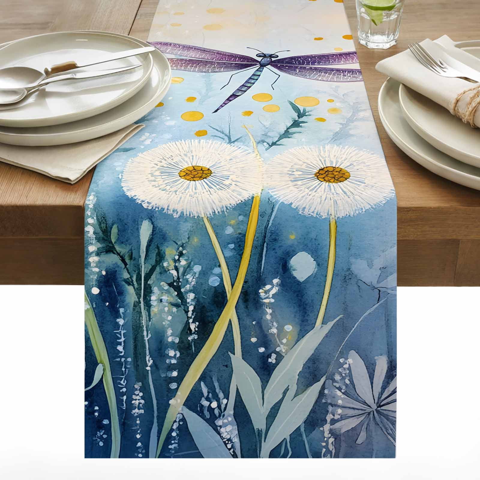Dragonfly Flower Cotton Linen Table Runner Spring Watercolor White ...