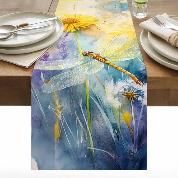 Dragonfly Flower Cotton Linen Table Runner Spring Watercolor Yellow ...