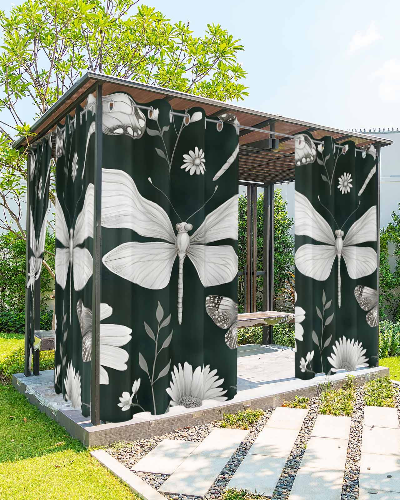 Dragonfly Flower Outdoor Curtains for Patio, Spring White Daisy Floral ...