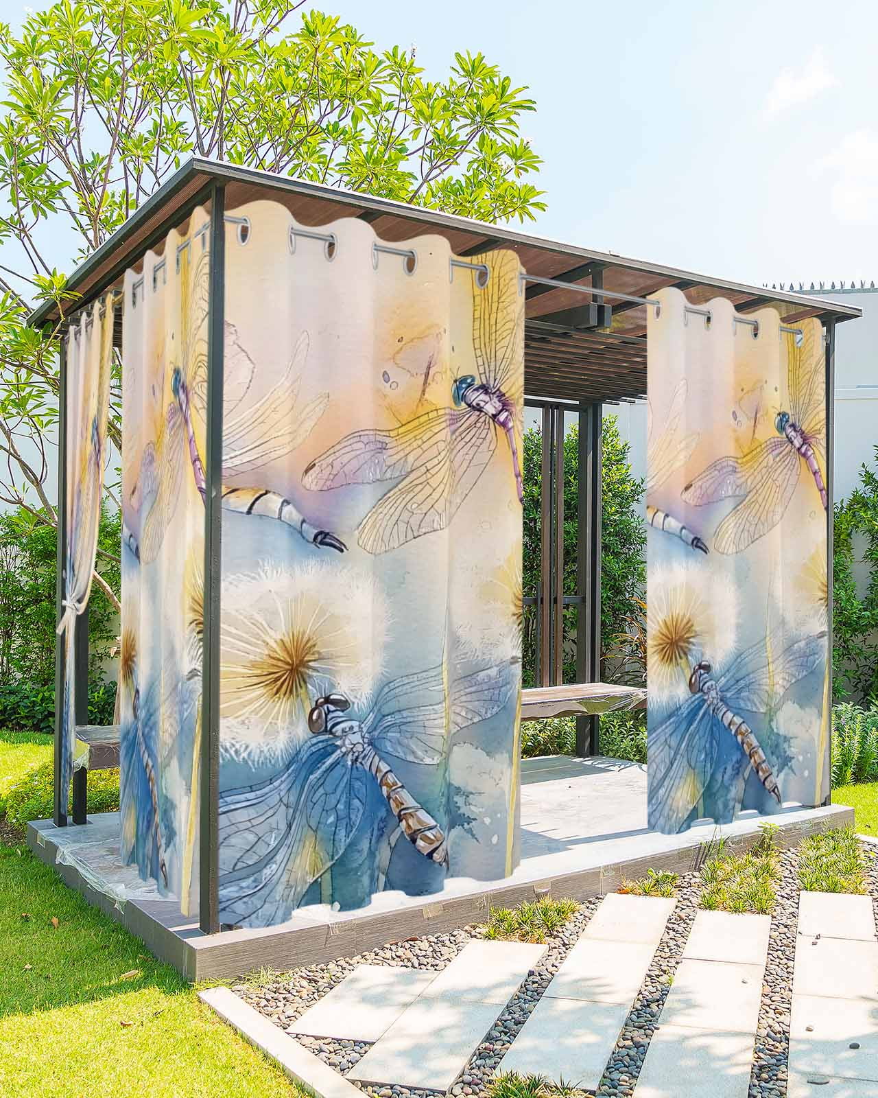 Dragonfly Flower Outdoor Curtains for Patio, Spring White Dandelion ...