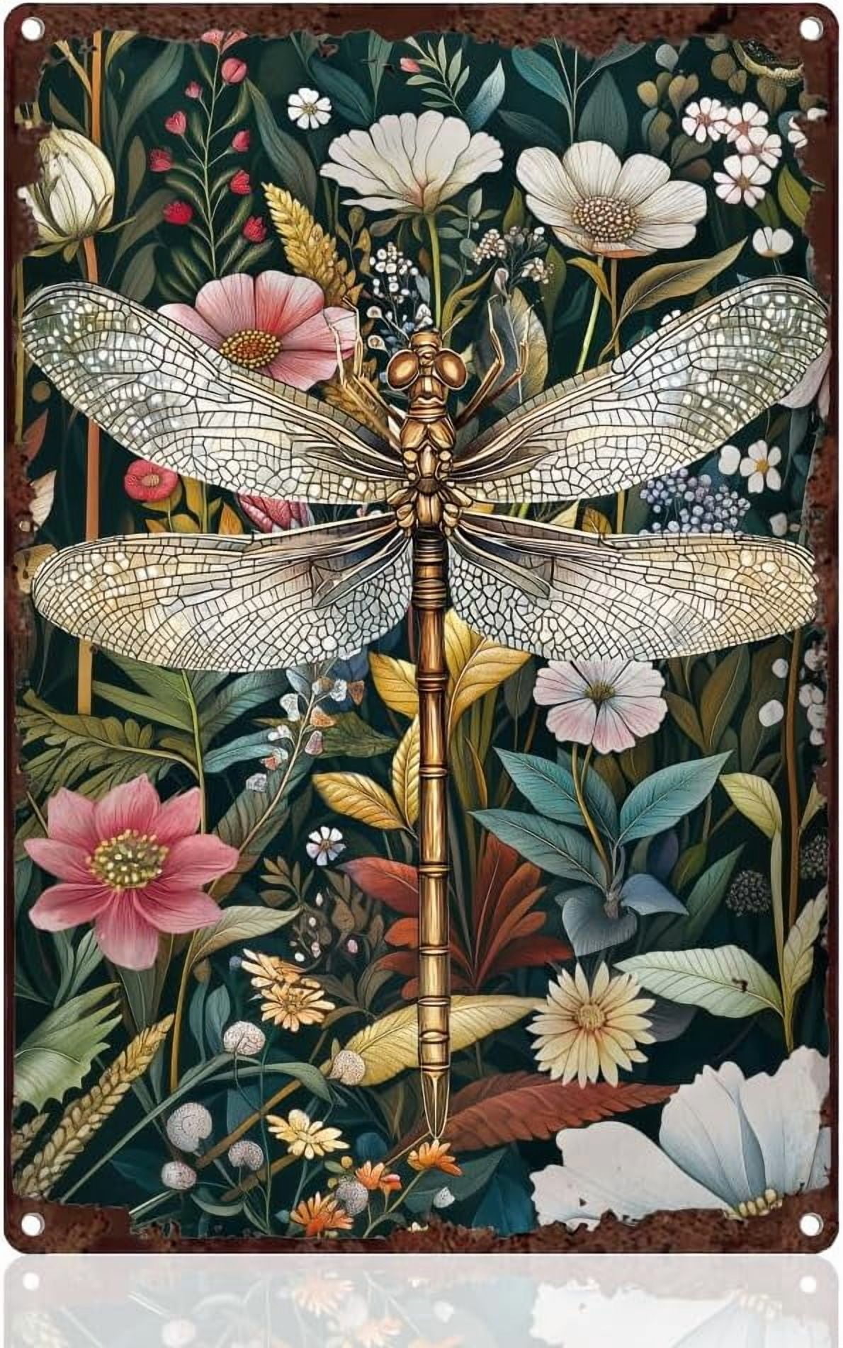 Dragonfly Flower Retro Wall Decor Metal Tin Sign 8" x 12" Dragonfly ...