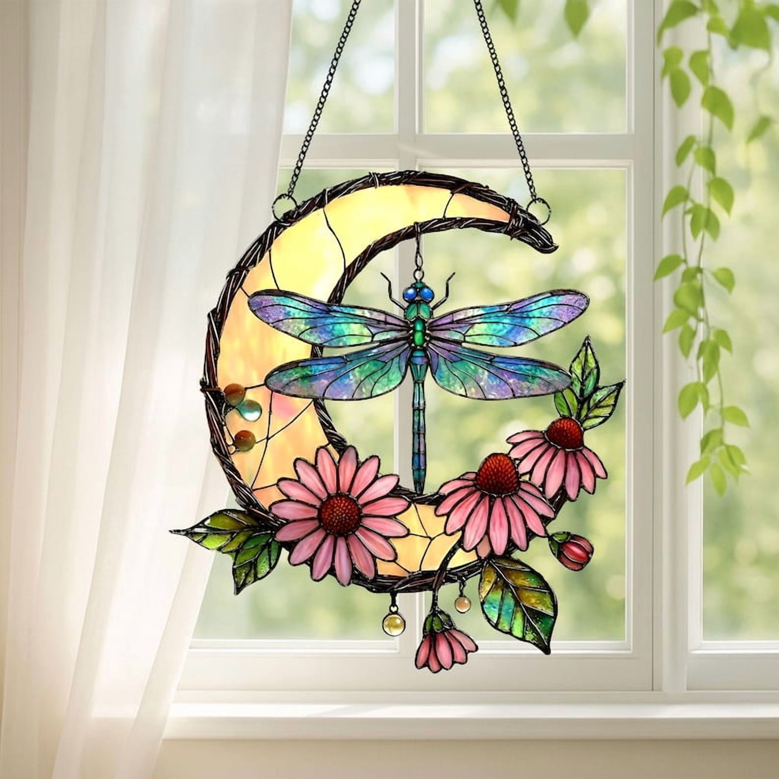 Dragonfly Flower Stained Glass Acrylic Window Hanging for Garden and ...