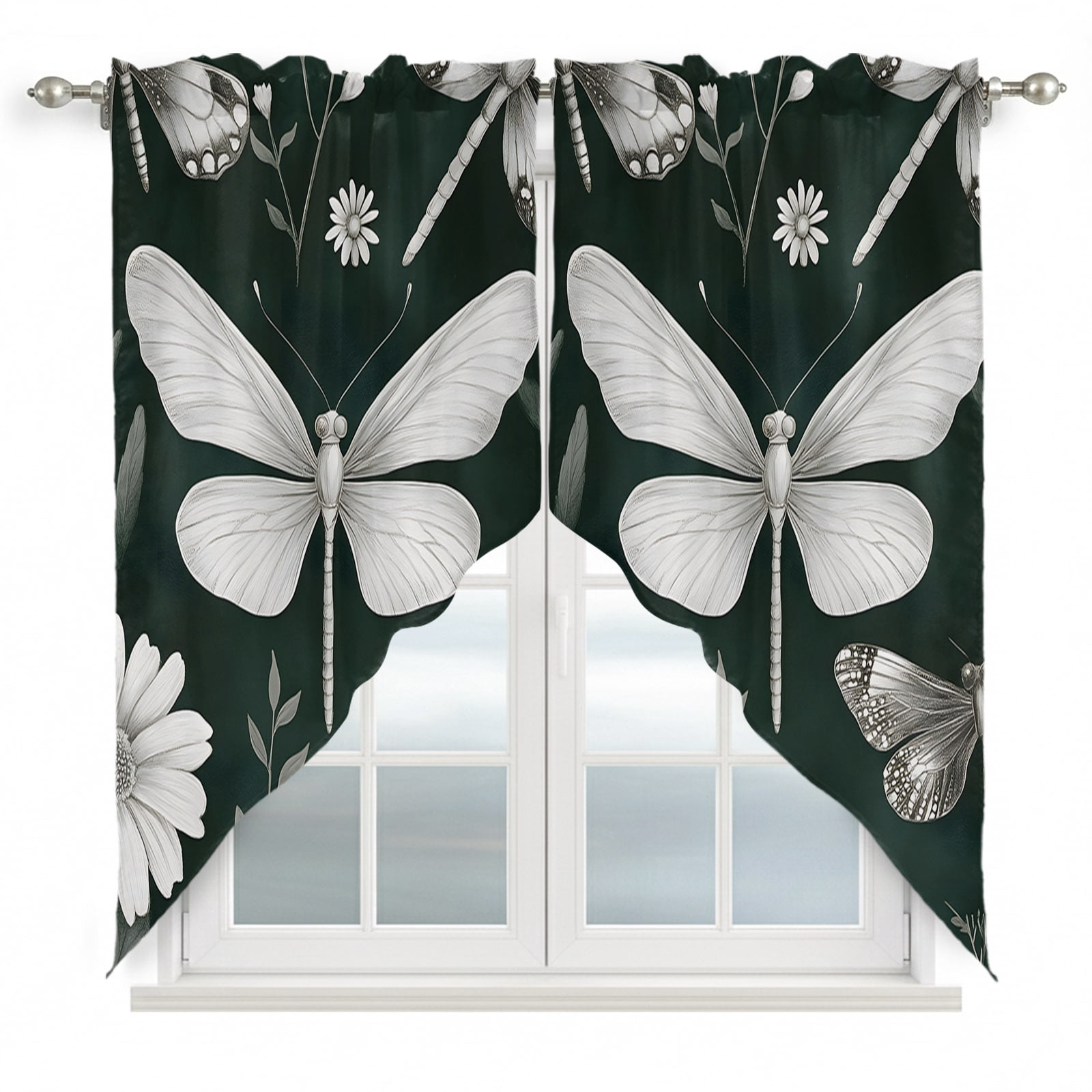 Dragonfly Flower Swag Curtain Valance for Window 2 Panels Spring White ...