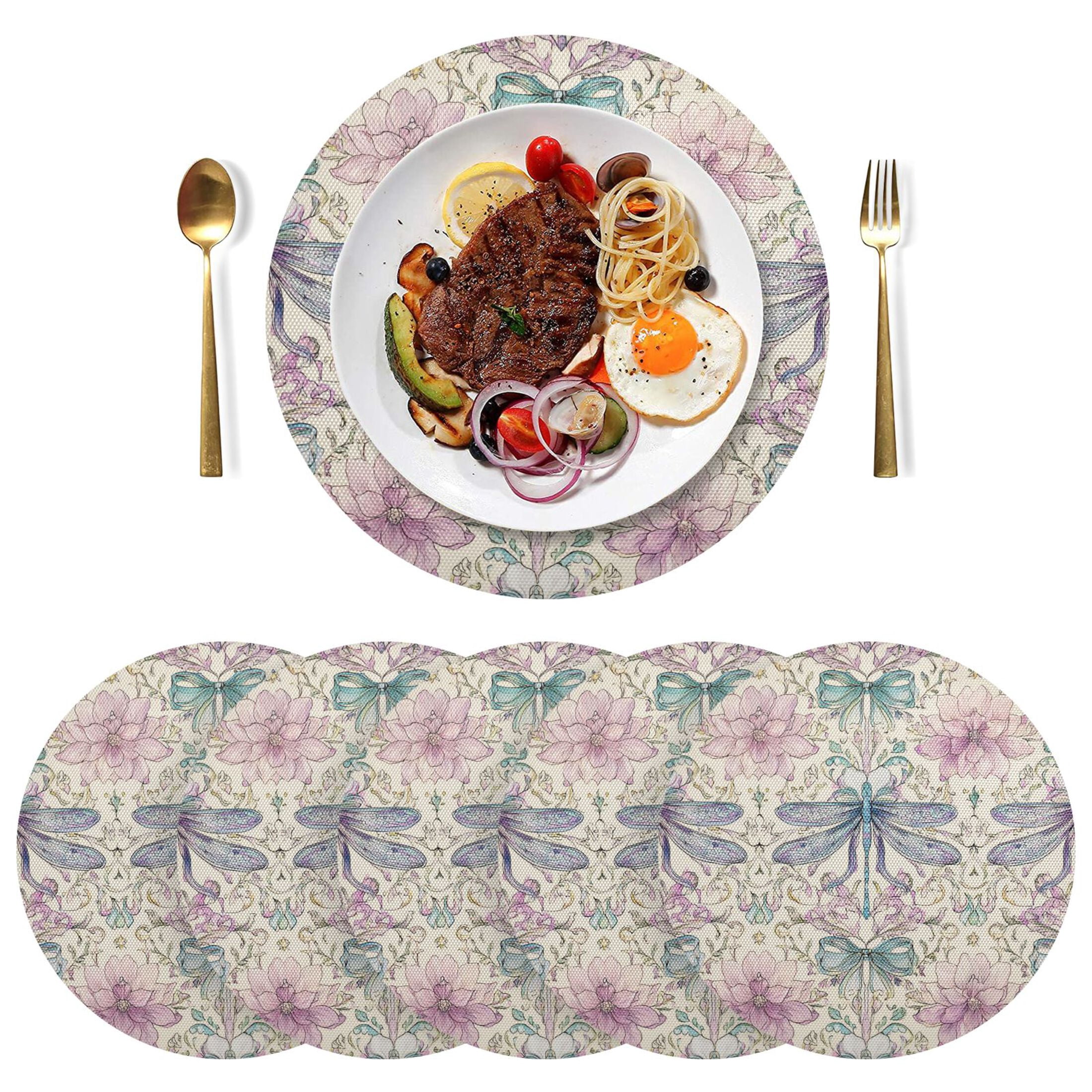 Dragonfly Flowers Bows Vintage Style PVC Round Grid Placemat Table Mat ...