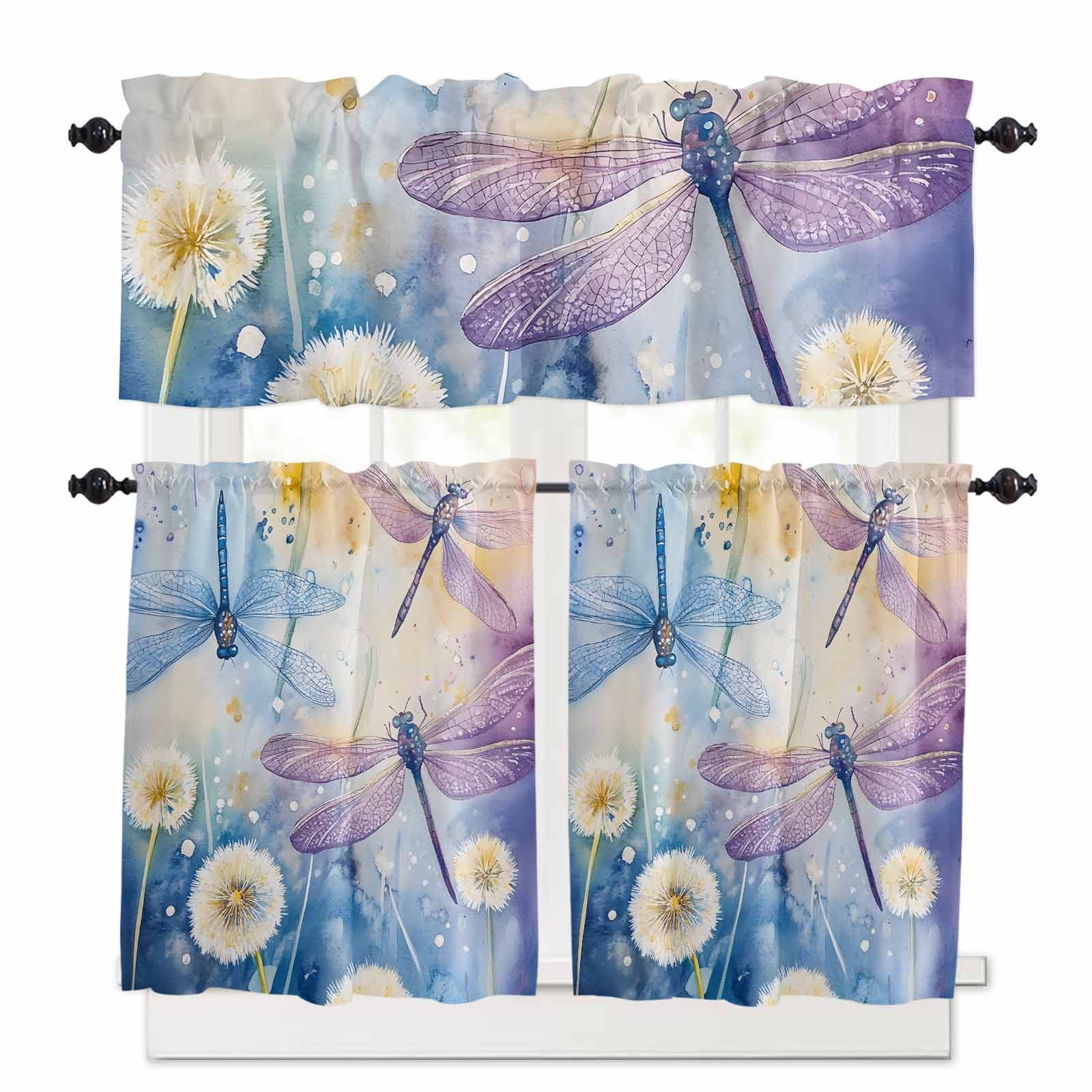 Dragonfly Flowers Kitchen Curtains Set for Windows 3 Pieces,36 Inch ...
