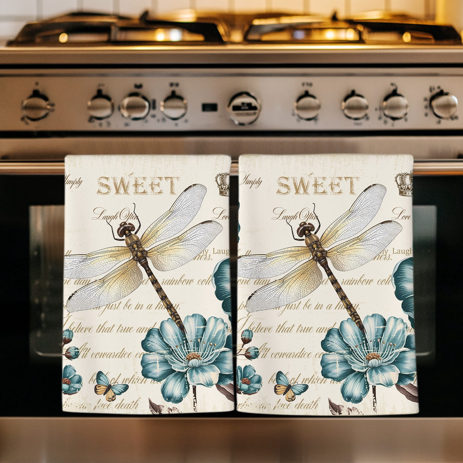 Dragonfly Flowers Kitchen Towels Set of 1, Vintage Botanical Teal ...