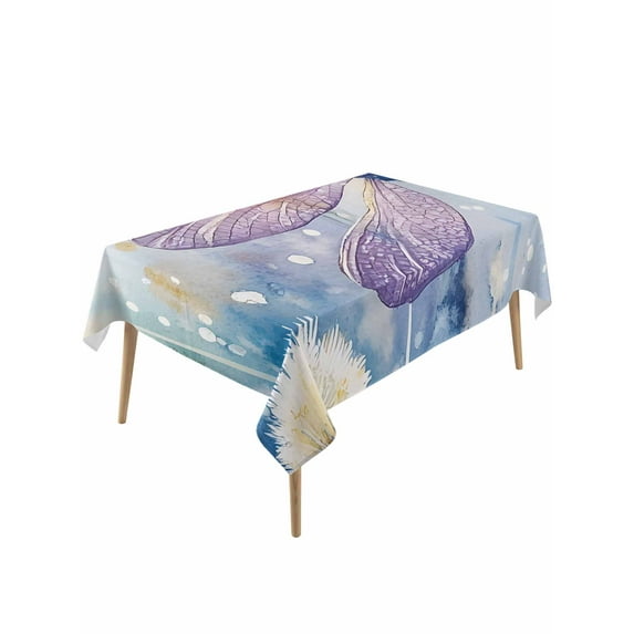 Dragonfly Flowers Table Cloth, Blue Purple Watercolor Spring Plant ...
