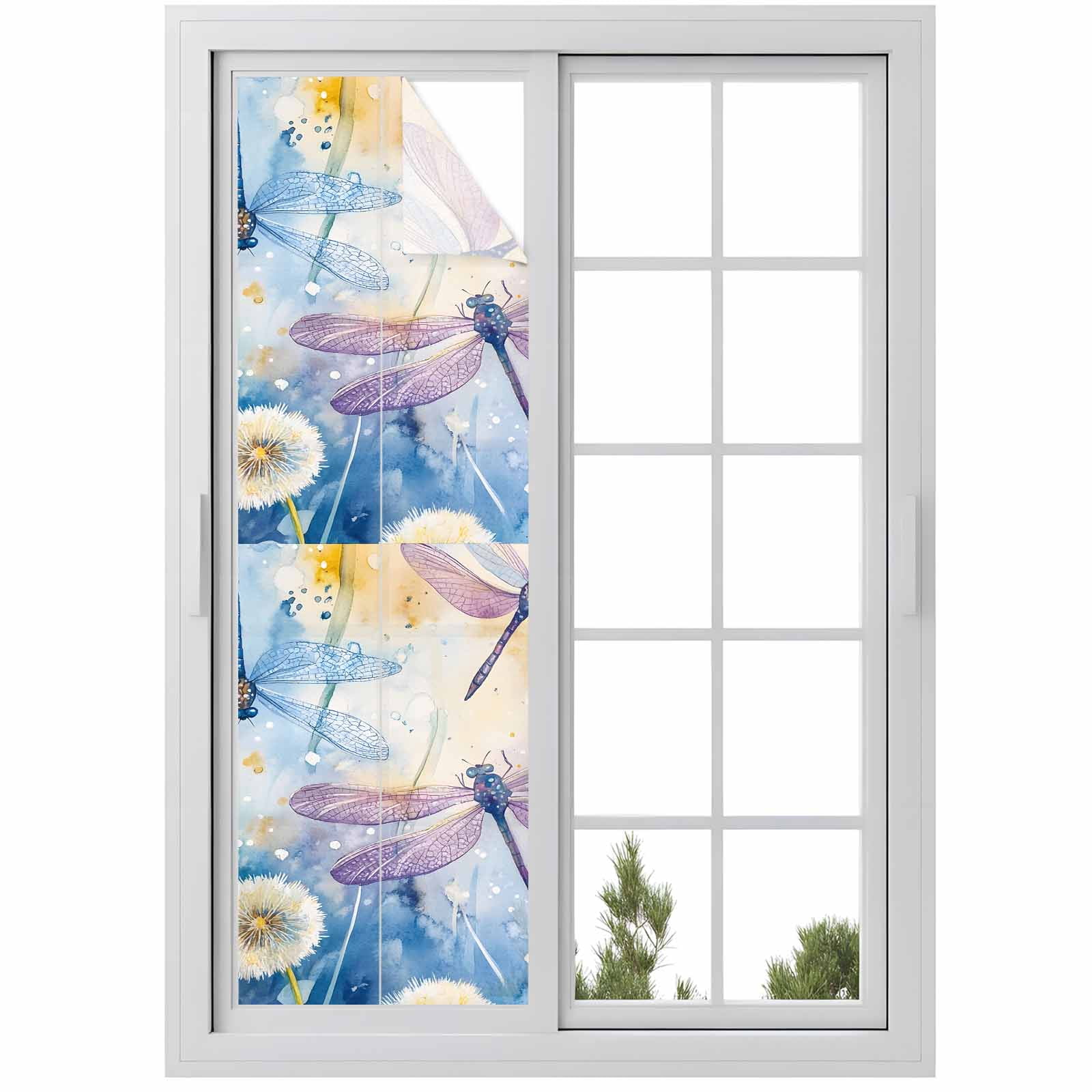 Dragonfly Flowers Window Privacy Film, Blue Purple Watercolor Spring ...