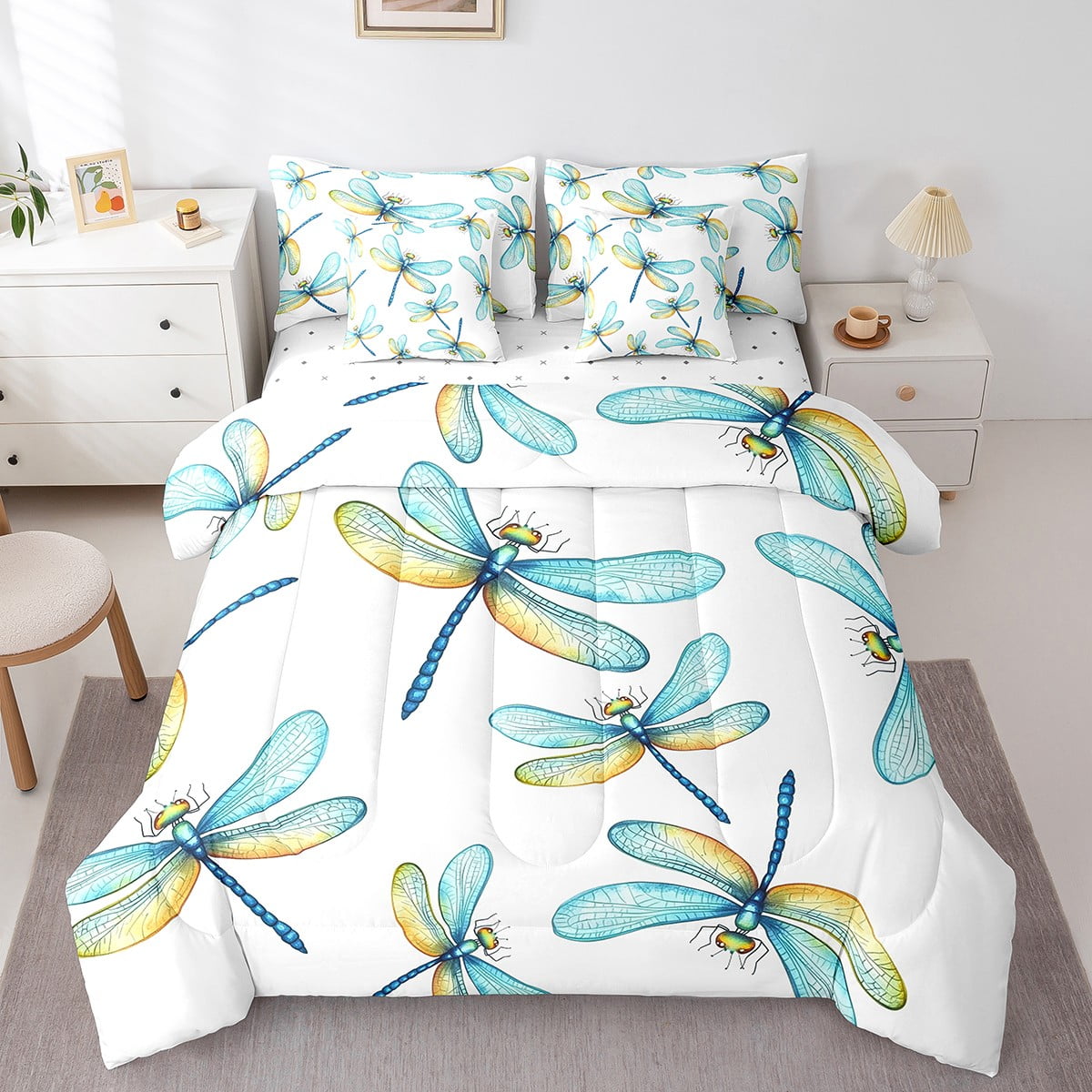Dragonfly Full Bed In A Bag 7 Piece Blue Yellow Dragonflies Comforter ...
