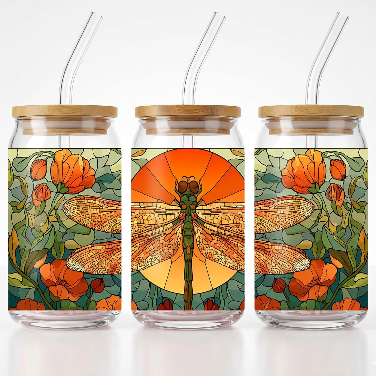 Dragonfly Glass Jar Cup with Bamboo Lid With Stained, Preppy Aesthetic ...