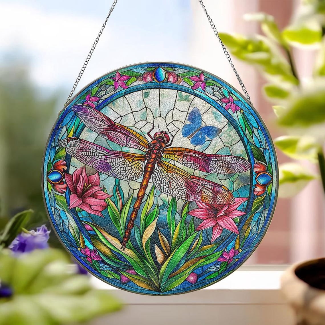 Dragonfly Glass Suncatcher, Dragonfly Window Hanging Decor, Wildflowers ...