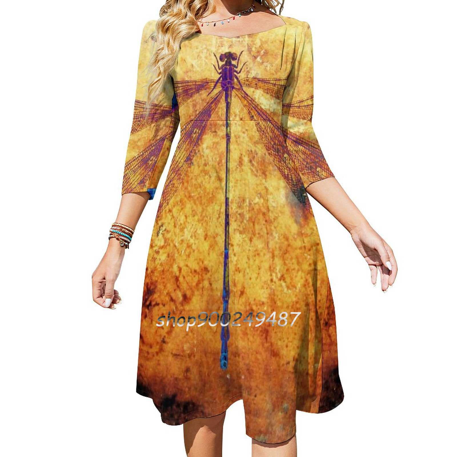 Dragonfly In Amber Square Neck Dress Cute Loose Print Dresses Elegant ...