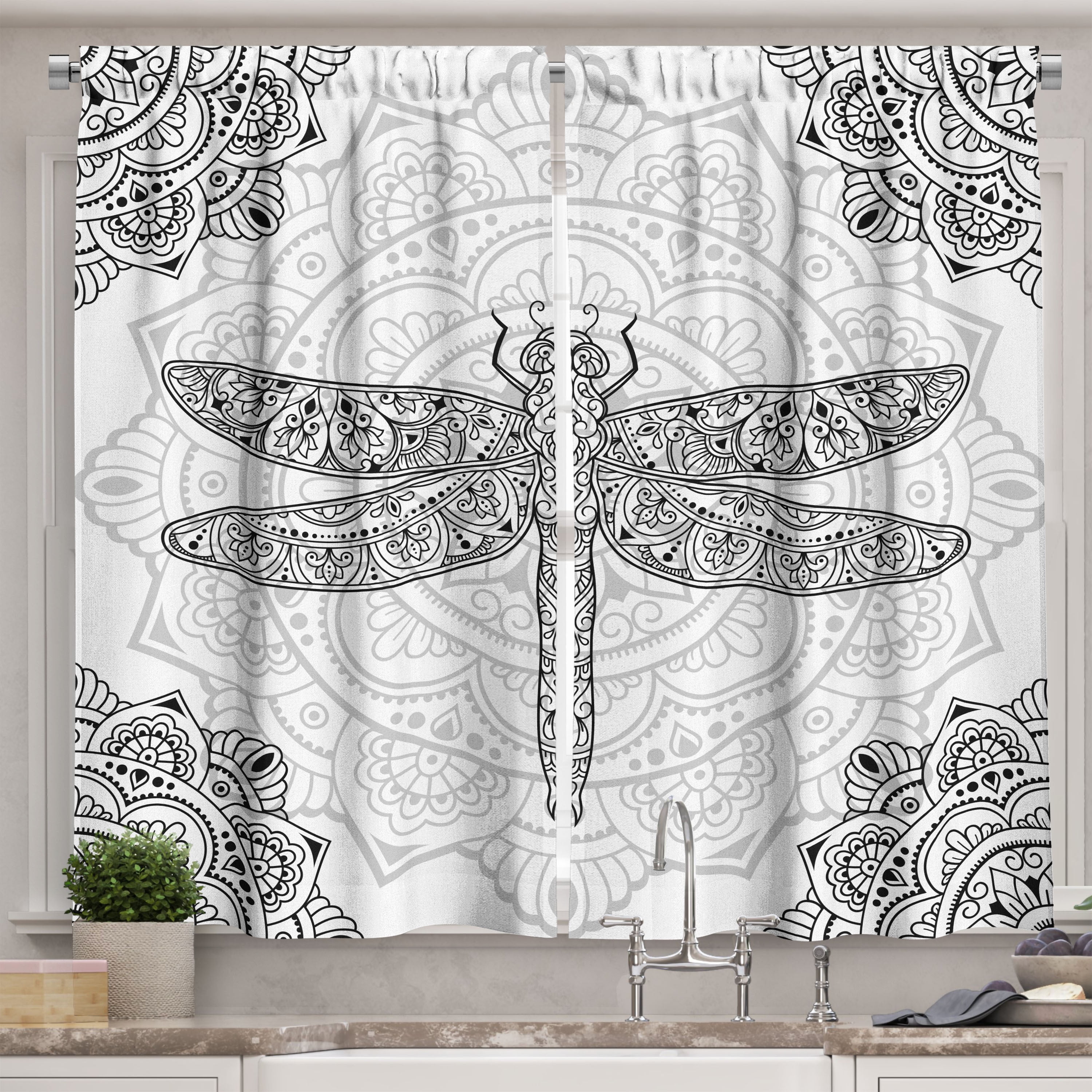 Dragonfly Kitchen Curtains, Floral Ornament Tattoo Mandala Style ...