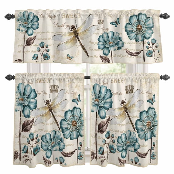 Dragonfly Kitchen Curtains Set for Windows, Art Teal Floral Blooming ...