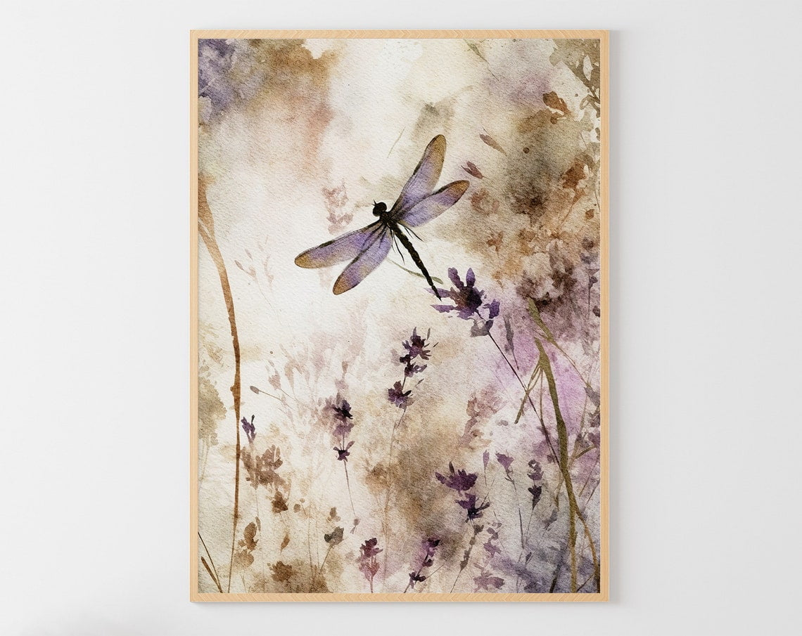 Dragonfly Lavender Artwork Floral Wall Art Insect Art Poster, Unframed ...