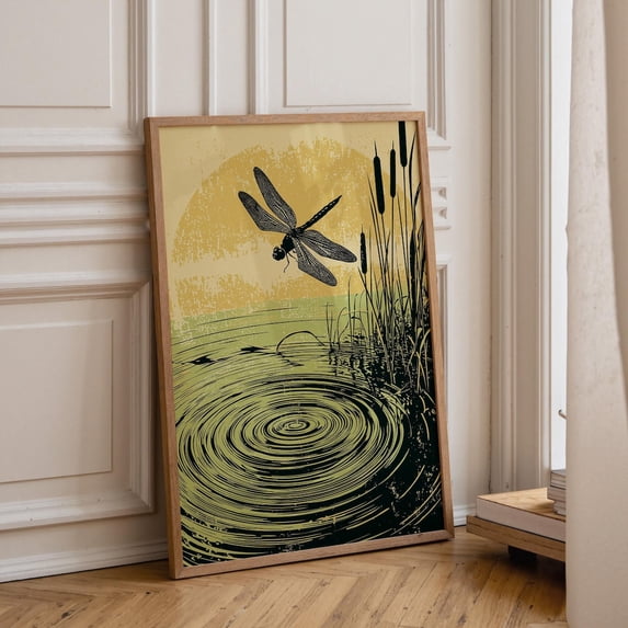 Dragonfly Linocut Nature Pond Minimal Wildlife Rustic Lake Decor ...