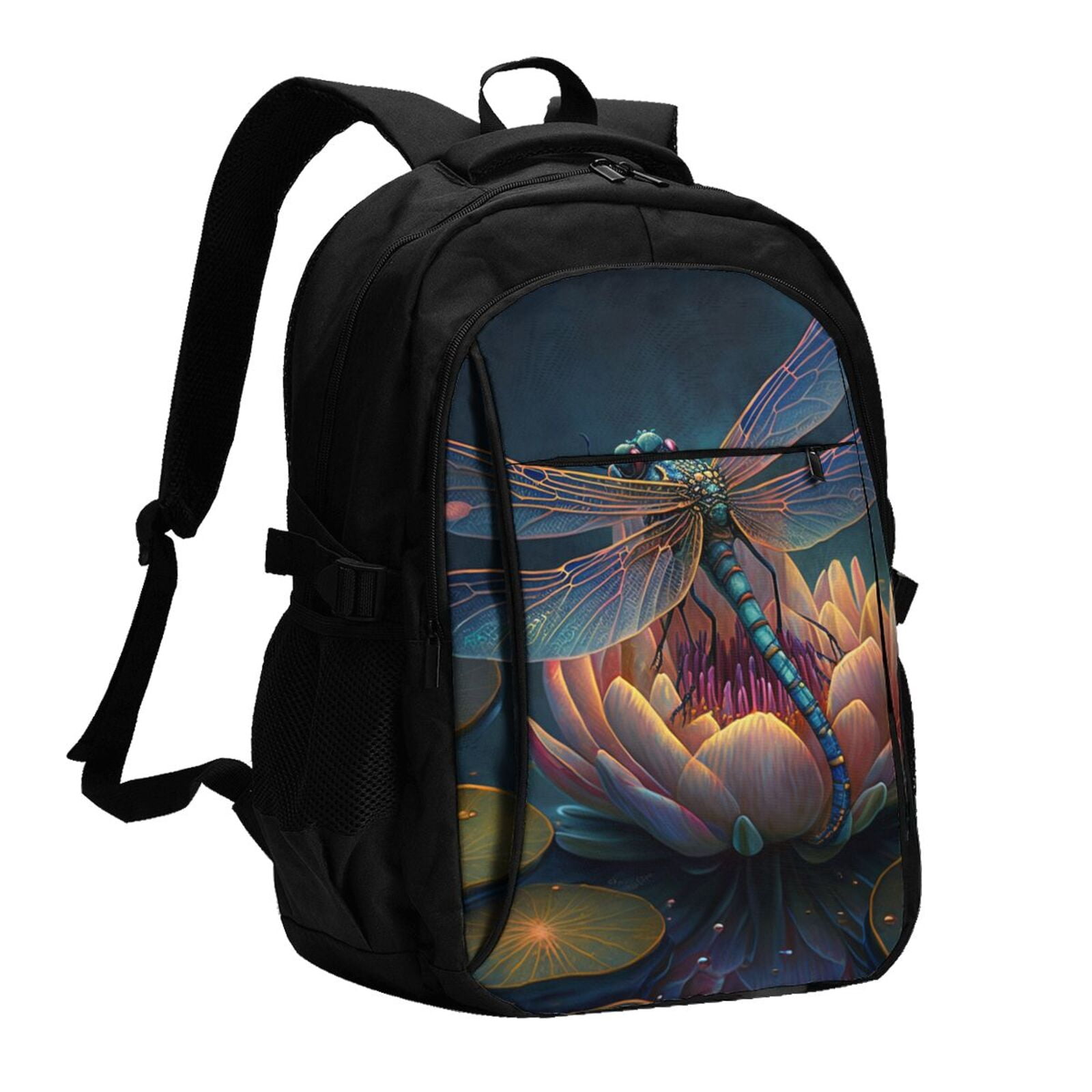 Dragonfly Lotus Cool Art Laptop Backpack with USB Charging Headphone ...