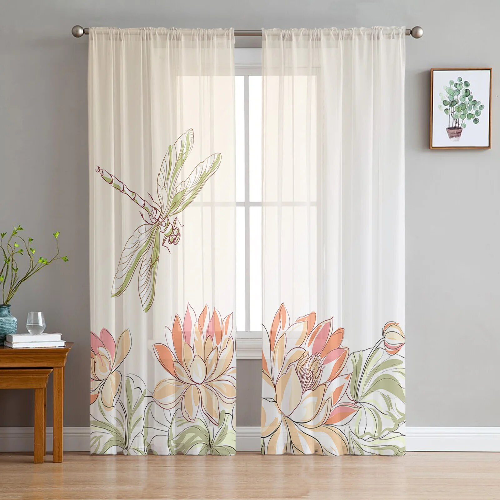 Dragonfly Lotus Romantic Wallpaper Tulle Curtain for Living Room ...