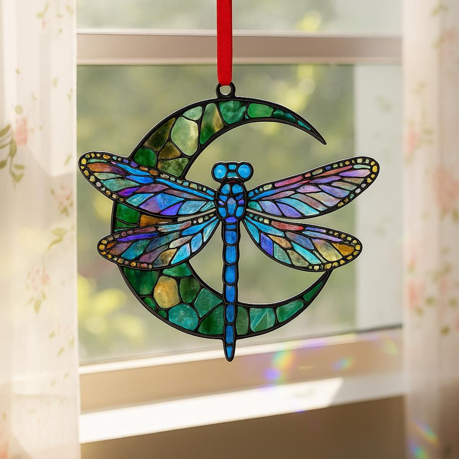 Dragonfly Moon Acrylic Suncatcher, Faux Stained Glass Window Decor, Dragonfly Sun Catcher ...