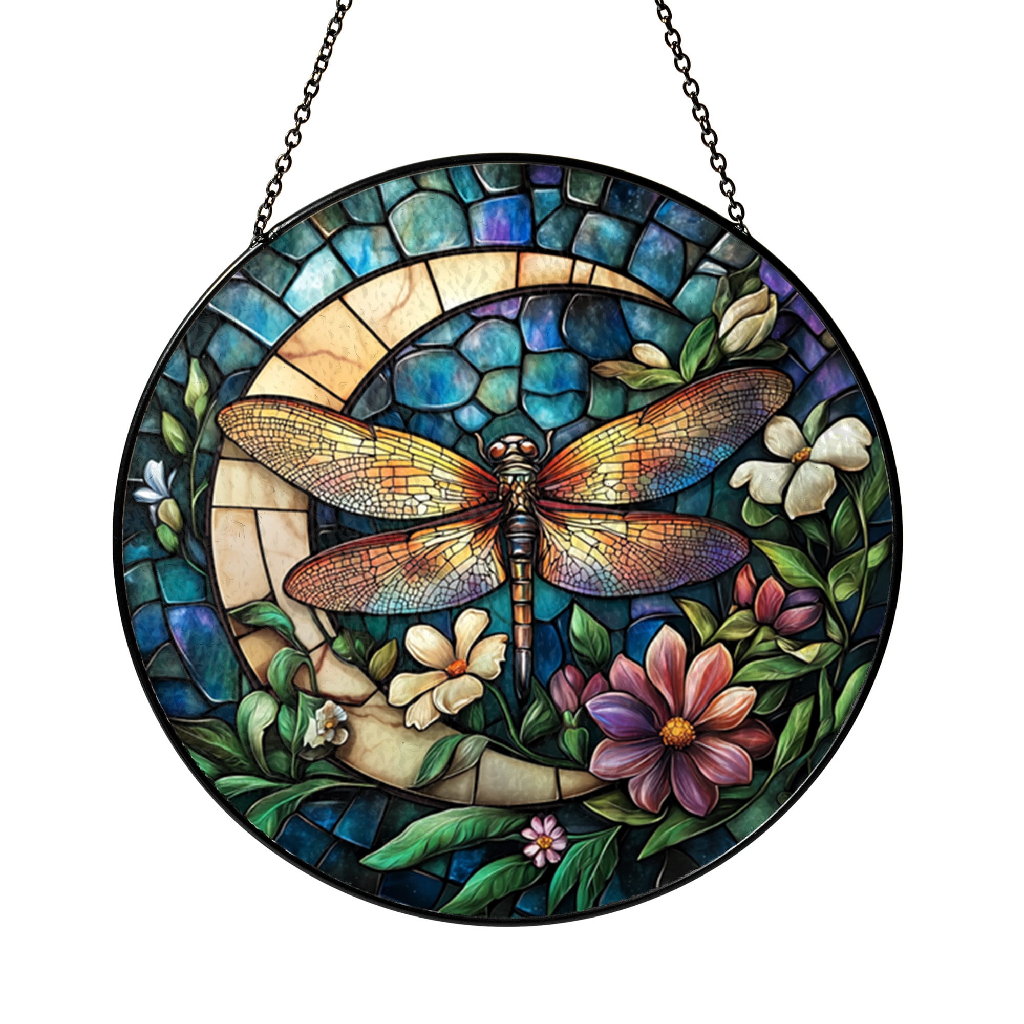 Dragonfly and Moon Stained Glass Style Suncatcher Window Hanging Decor ...