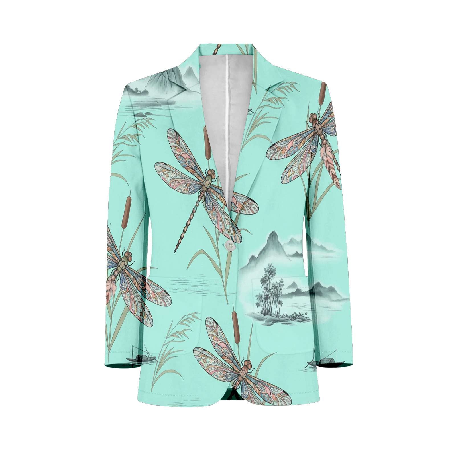 Dragonfly, Mountain, Boat, Teal Background Men Blazers Slim Clothing ...