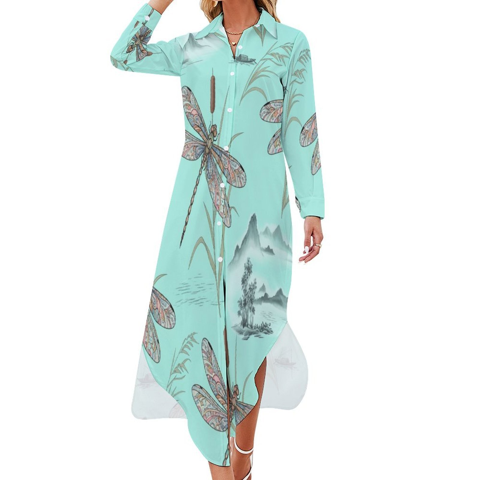 Dragonfly, Mountain, Boat, Teal Background Shirt Dress Long Sleeve ...