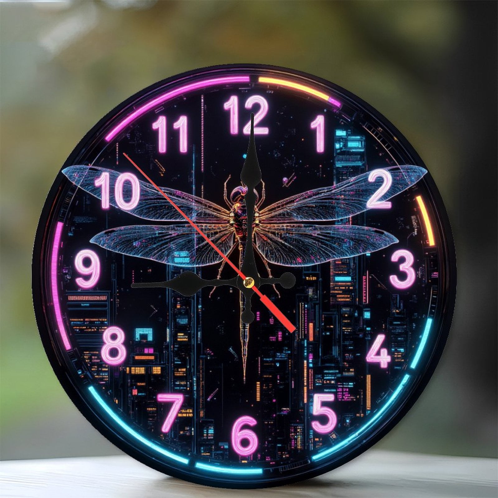 Dragonfly Neon Clock 10-Inch Silent Wooden Wall Clock, Battery Operated ...
