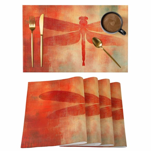 Dragonfly Orange Placemats Set of 2, Cotton Linen Fabric Place Mats ...