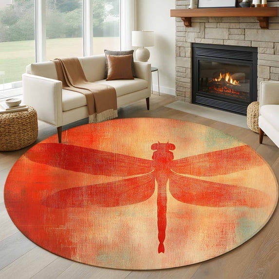 Dragonfly Orange Round Area Rug 6 FT, Non Slip Bedroom Rugs, Abstract ...